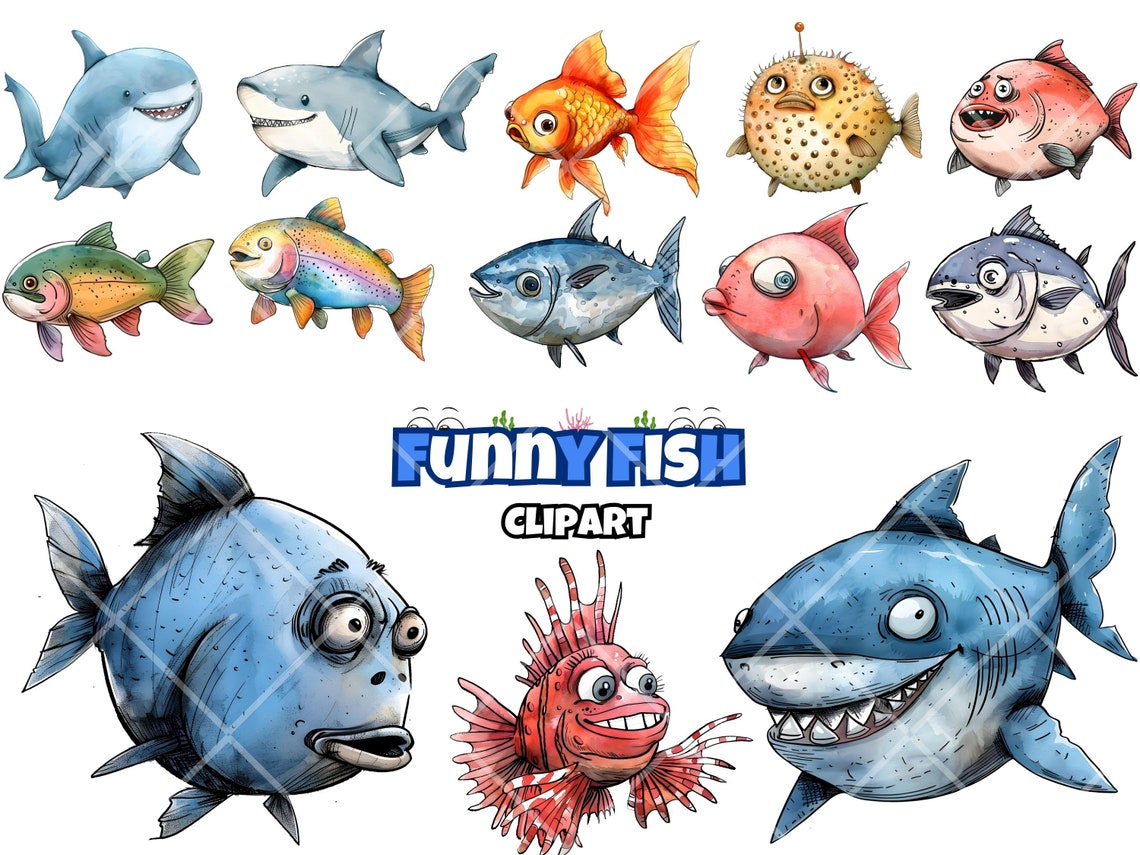 Funny Fish Clipart, Watercolor Under the Sea for Nursery & Baby Shower ...