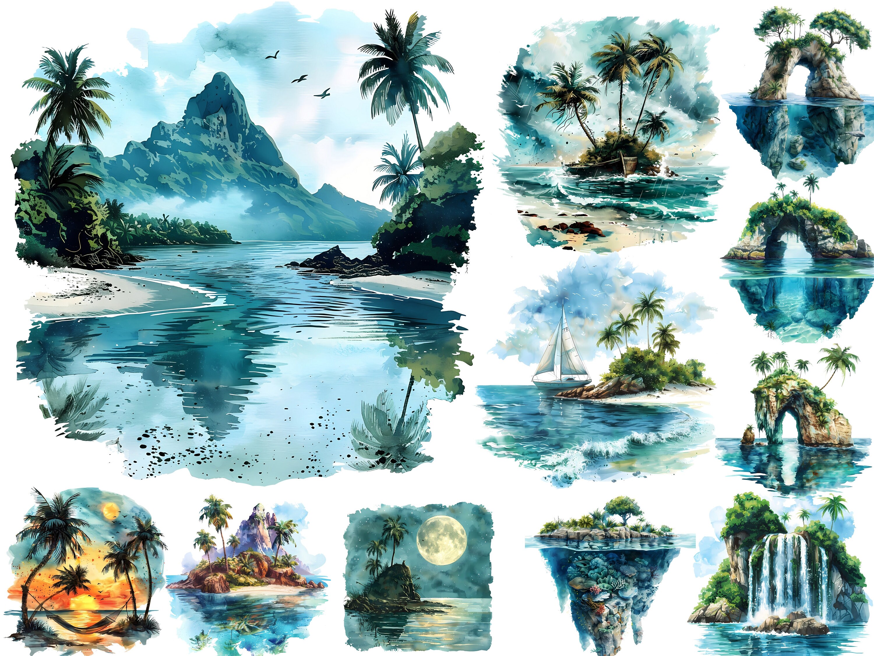 Tropical Island Clipart, Watercolor Beach Image for Printable, Ocean ...