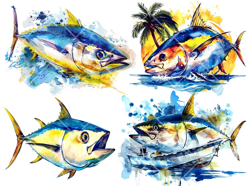 Yellowfin Tuna Clipart, Watercolor Ocean Fish for Sublimation & Prints ...