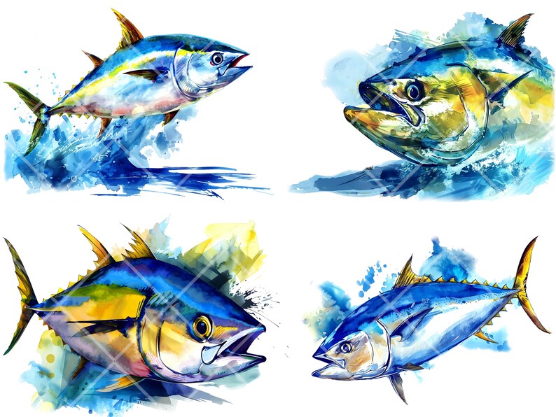Yellowfin Tuna Clipart, Watercolor Ocean Fish for Sublimation & Prints ...