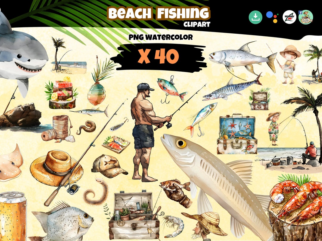 Fishing Clipart, Watercolor Beach Fishing Theme Decor, Ocean Activities ...
