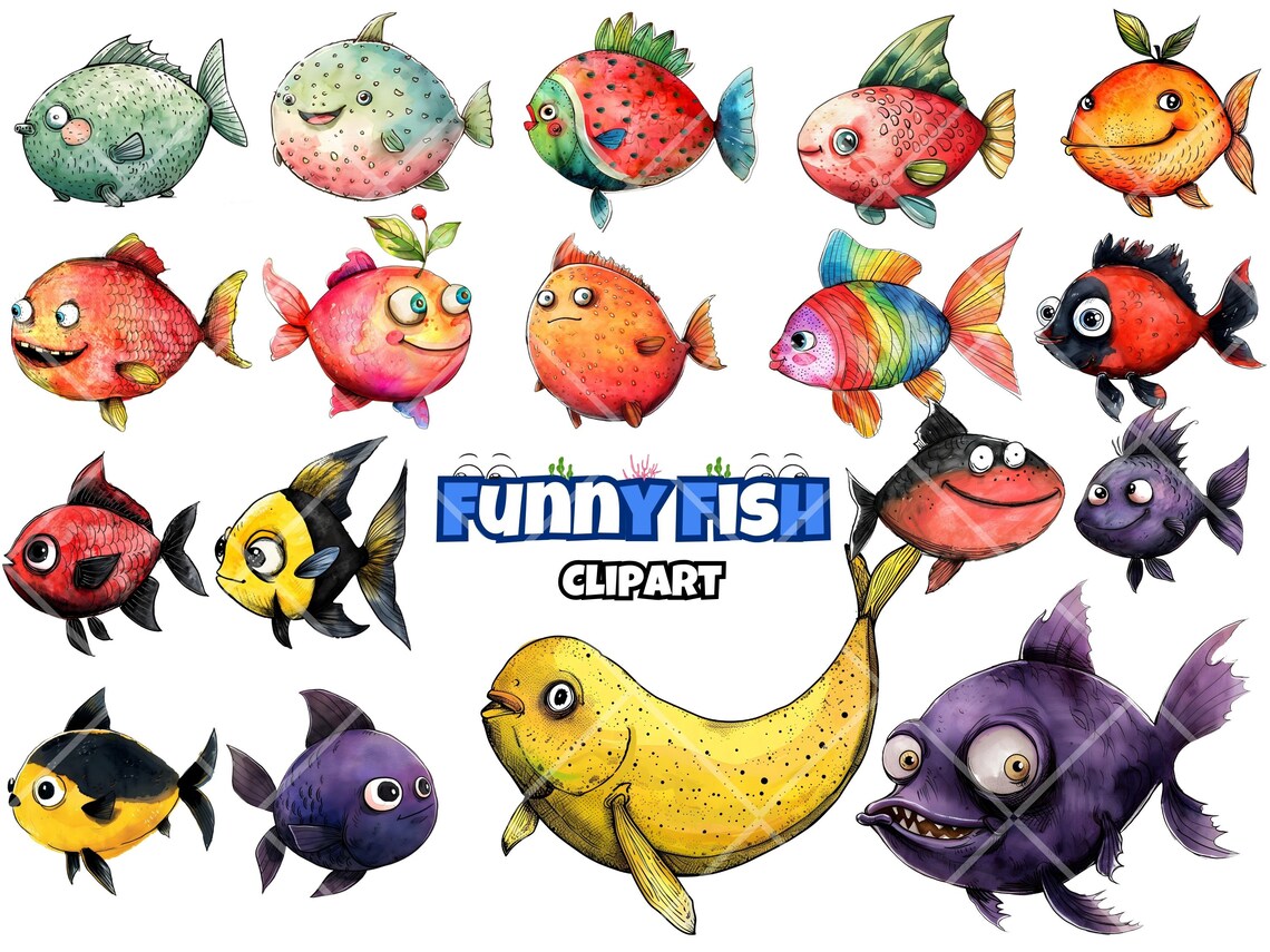Funny Fish Clipart, Watercolor Under the Sea for Nursery & Baby Shower ...