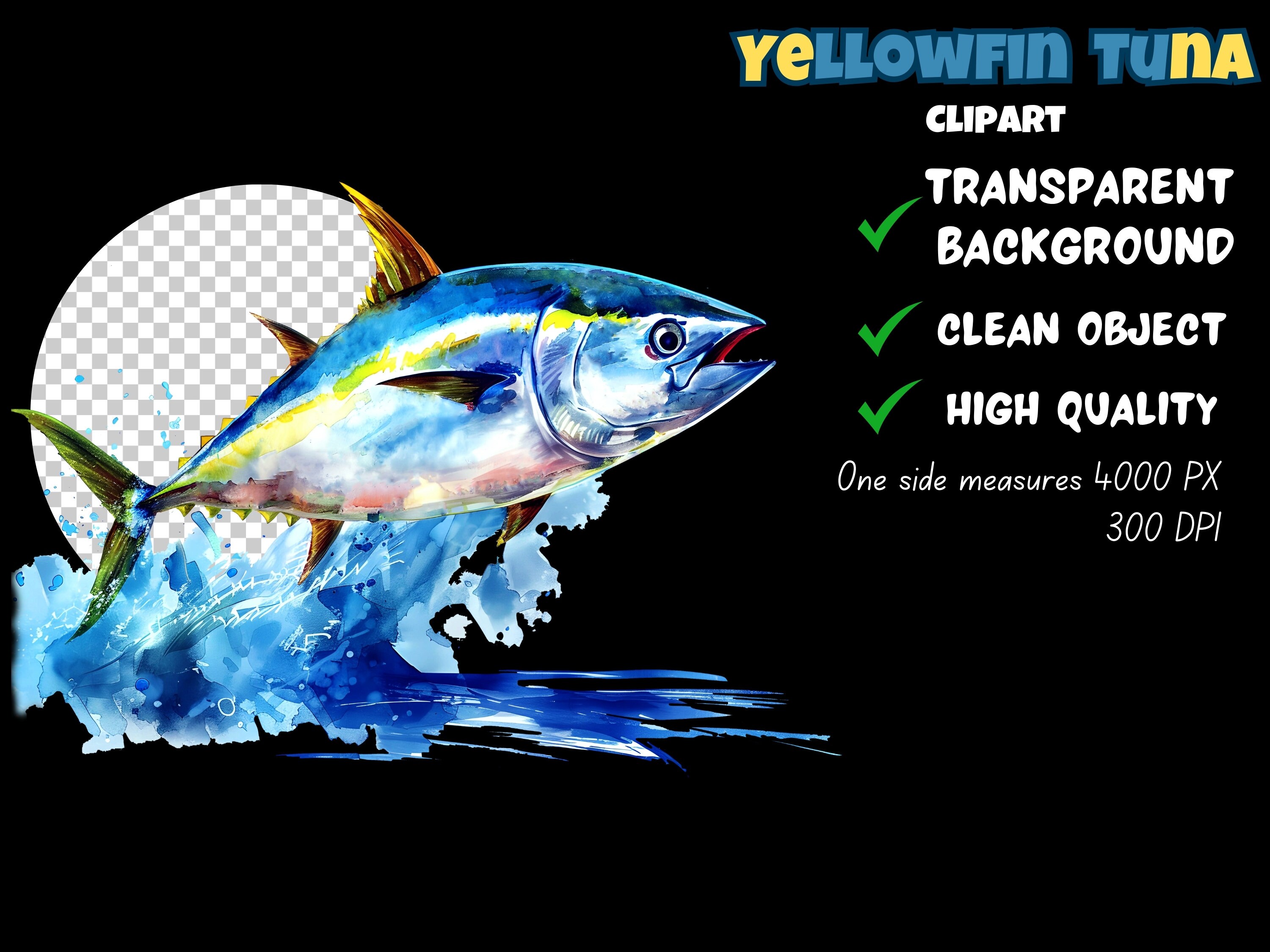 Yellowfin Tuna Clipart, Watercolor Ocean Fish for Sublimation & Prints ...