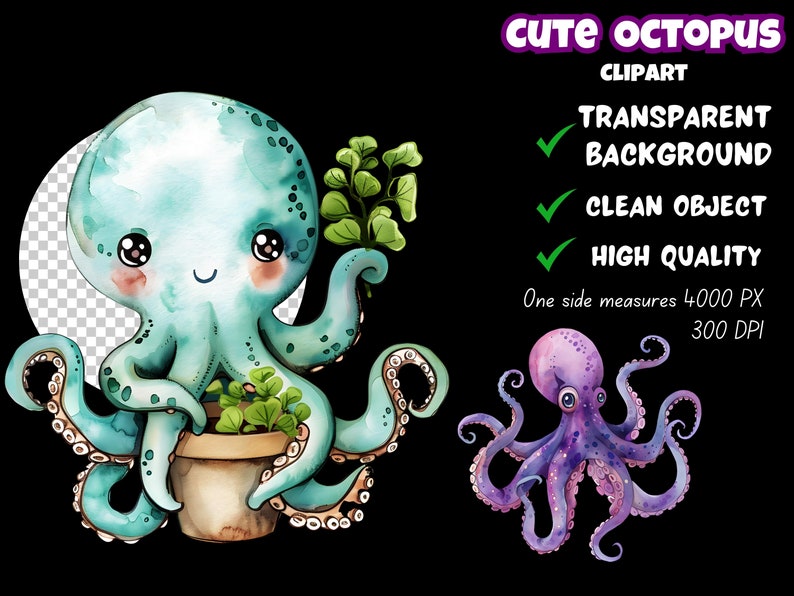Cute Octopus Clipart, Watercolor Ocean Animals, for Nursery Decor ...