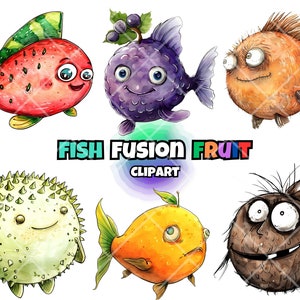 Funny Fish Clipart, Fish With Fruit PNG, Watercolor Ocean Animal for ...