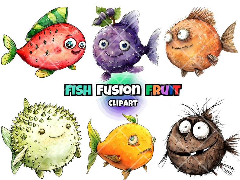Funny Fish Clipart, Fish With Fruit PNG, Watercolor Ocean Animal for ...