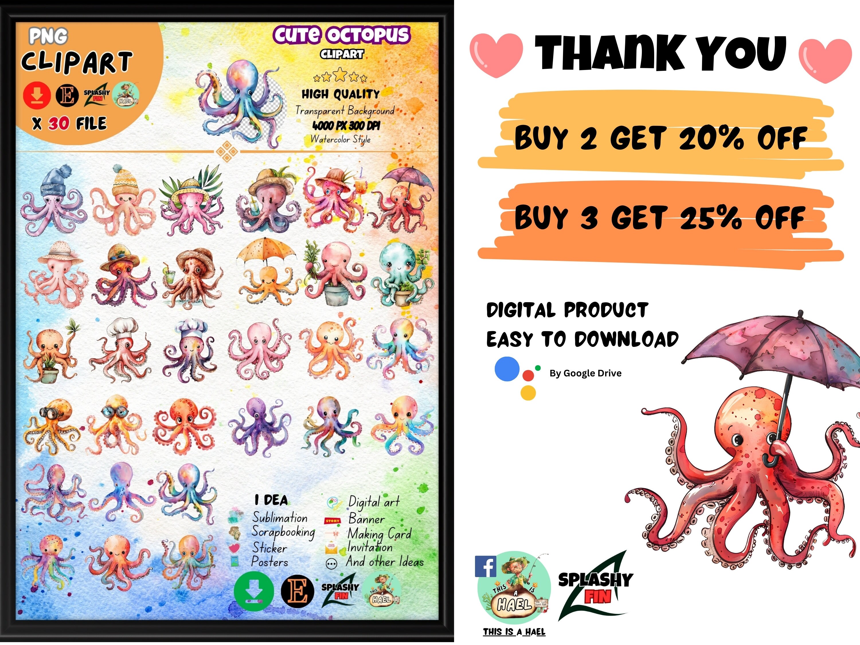 Cute Octopus Clipart, Watercolor Ocean Animals, for Nursery Decor ...