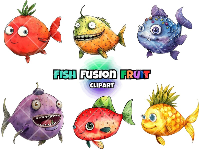 Funny Fish Clipart, Fish With Fruit PNG, Watercolor Ocean Animal for ...