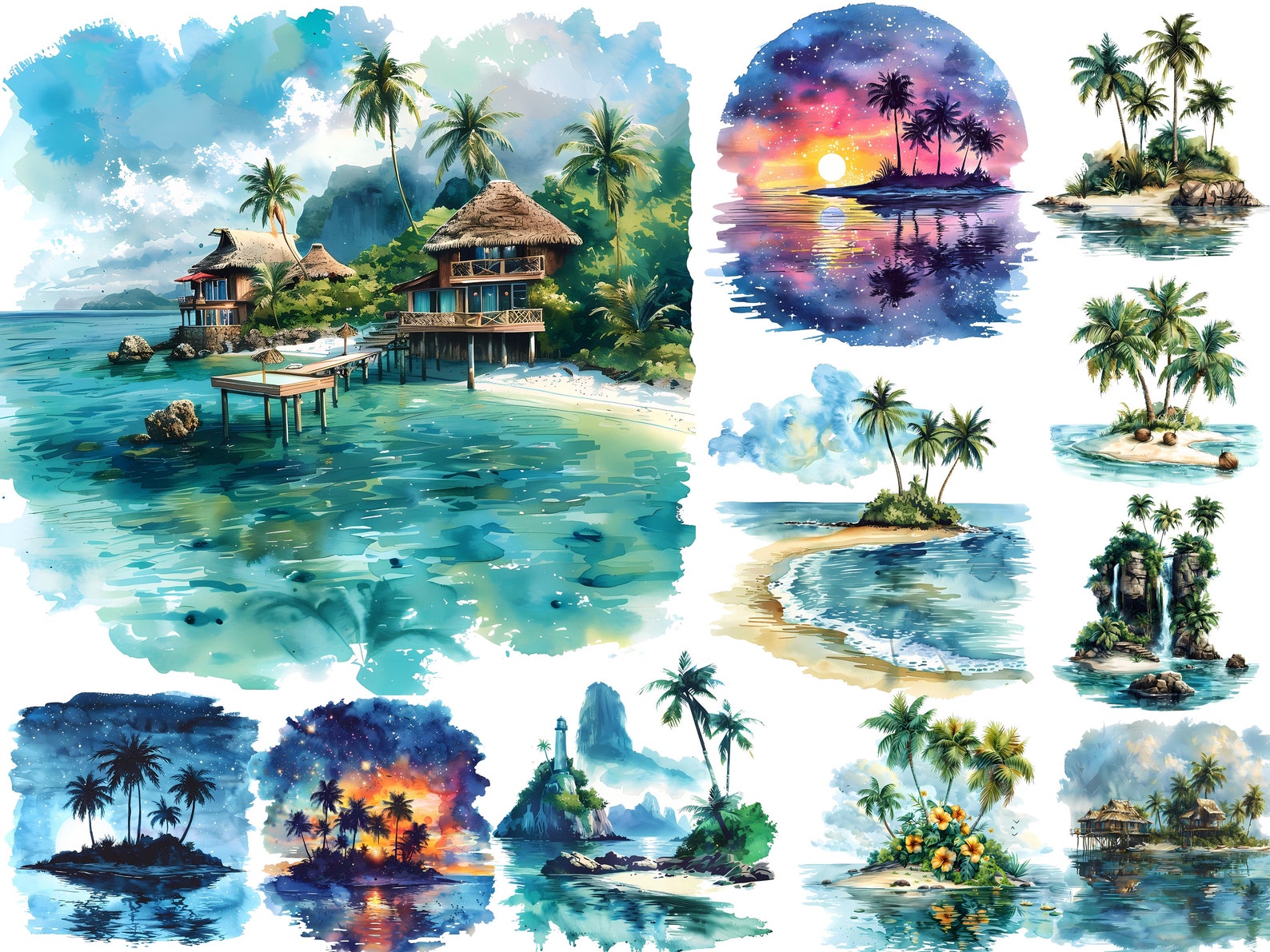 Tropical Island Clipart, Watercolor Beach Image for Printable, Ocean ...