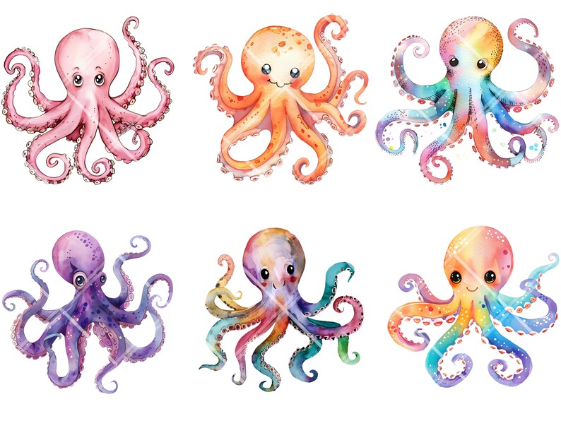 Cute Octopus Clipart, Watercolor Ocean Animals, for Nursery Decor ...