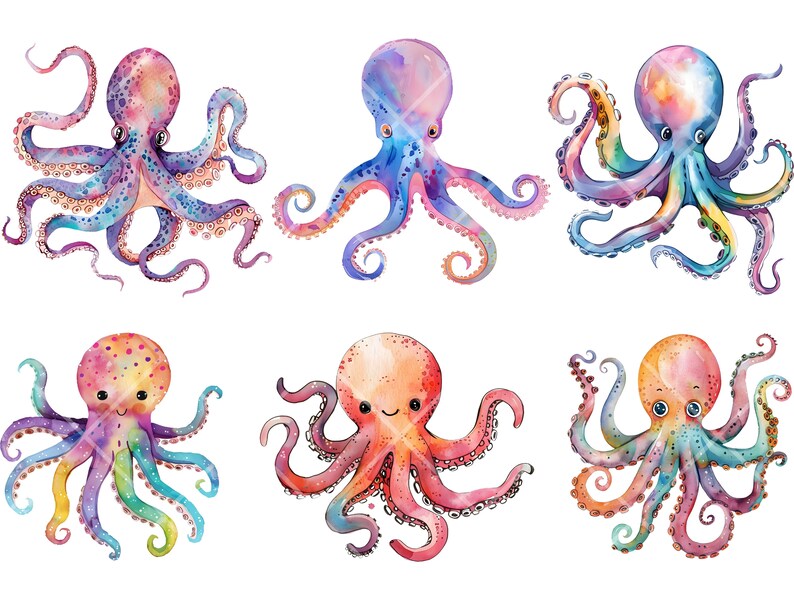 Cute Octopus Clipart, Watercolor Ocean Animals, for Nursery Decor ...