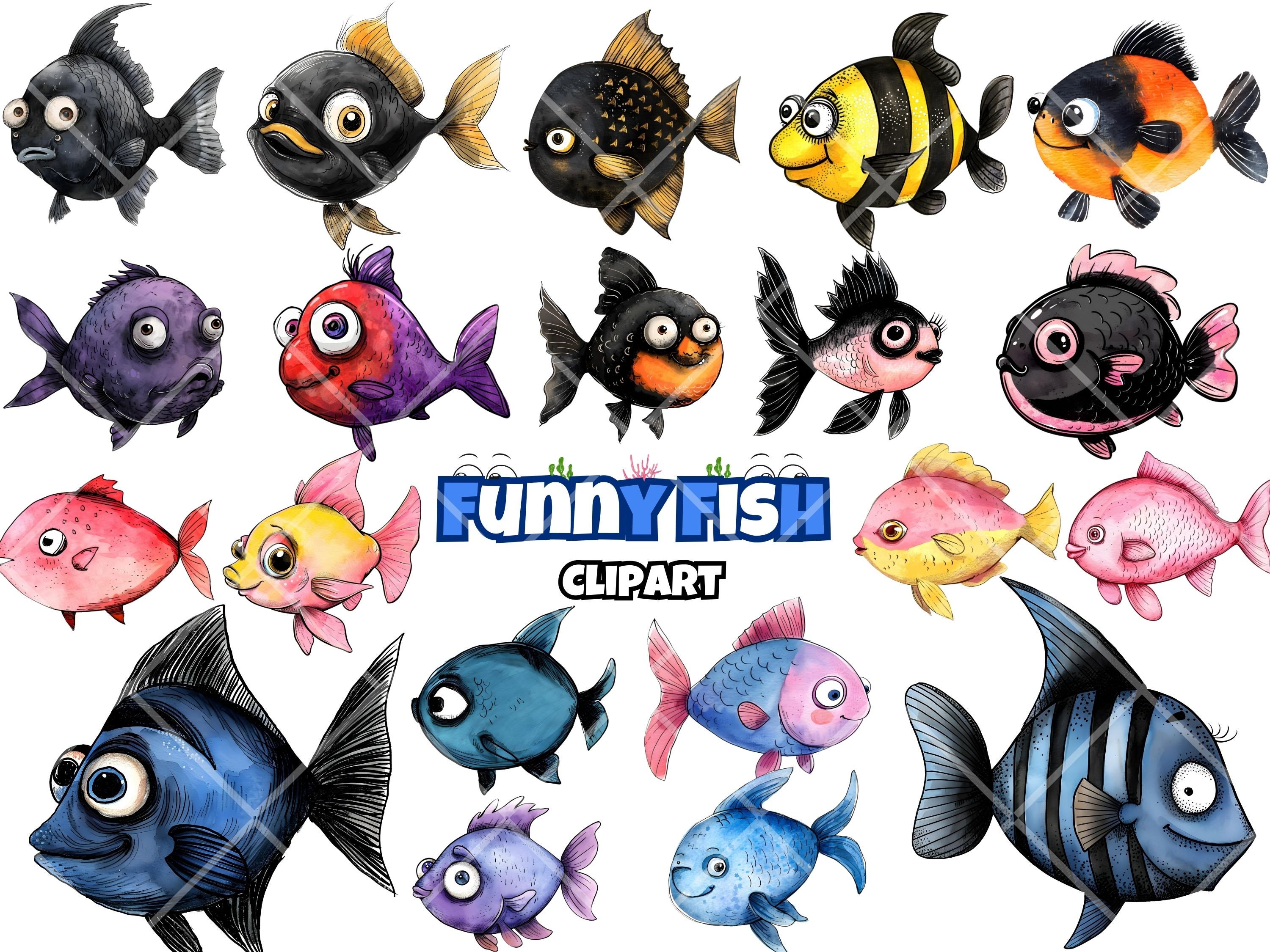 Funny Fish Clipart, Watercolor Under the Sea for Nursery & Baby Shower ...
