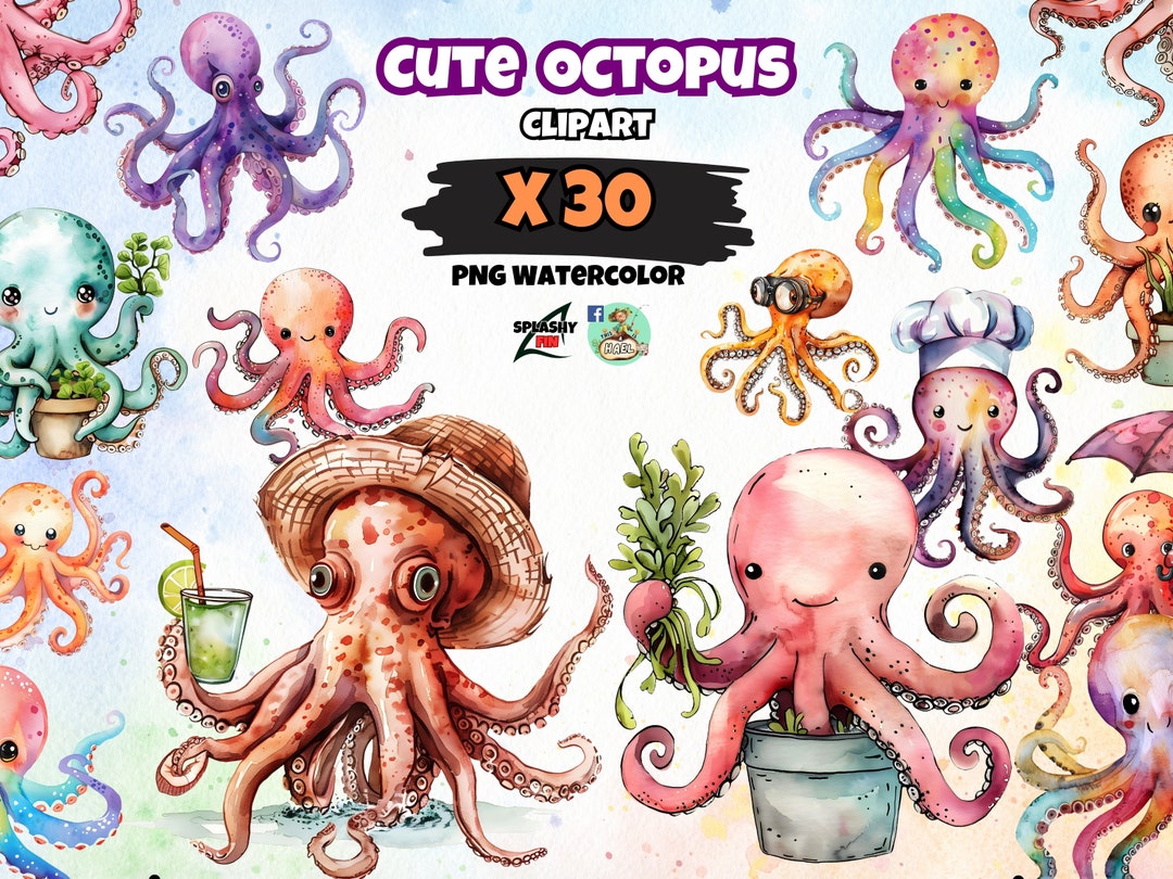 Cute Octopus Clipart, Watercolor Ocean Animals, for Nursery Decor ...