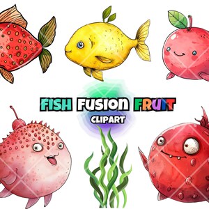 Funny Fish Clipart, Fish With Fruit PNG, Watercolor Ocean Animal for ...