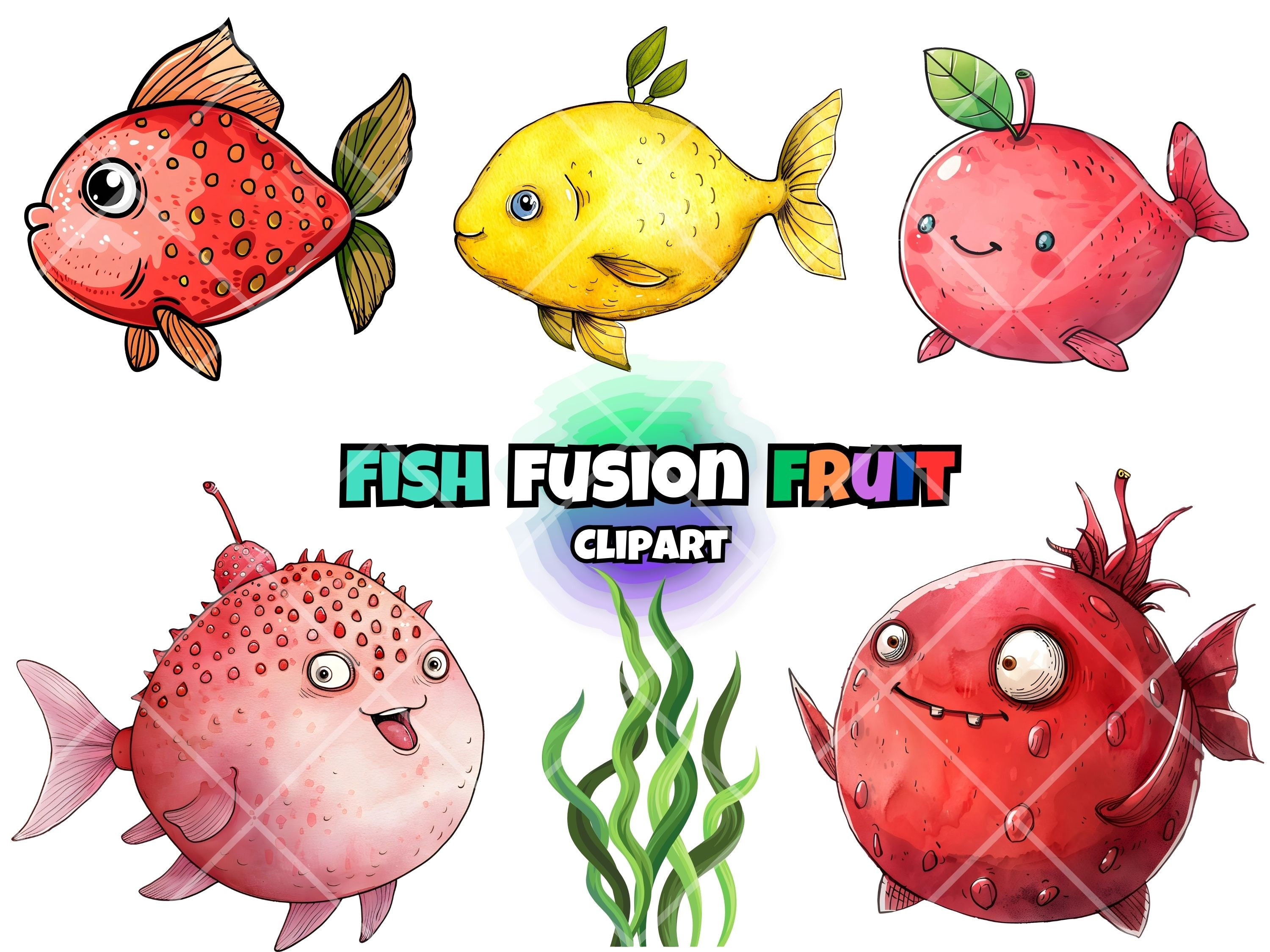 Funny Fish Clipart, Fish With Fruit PNG, Watercolor Ocean Animal for ...