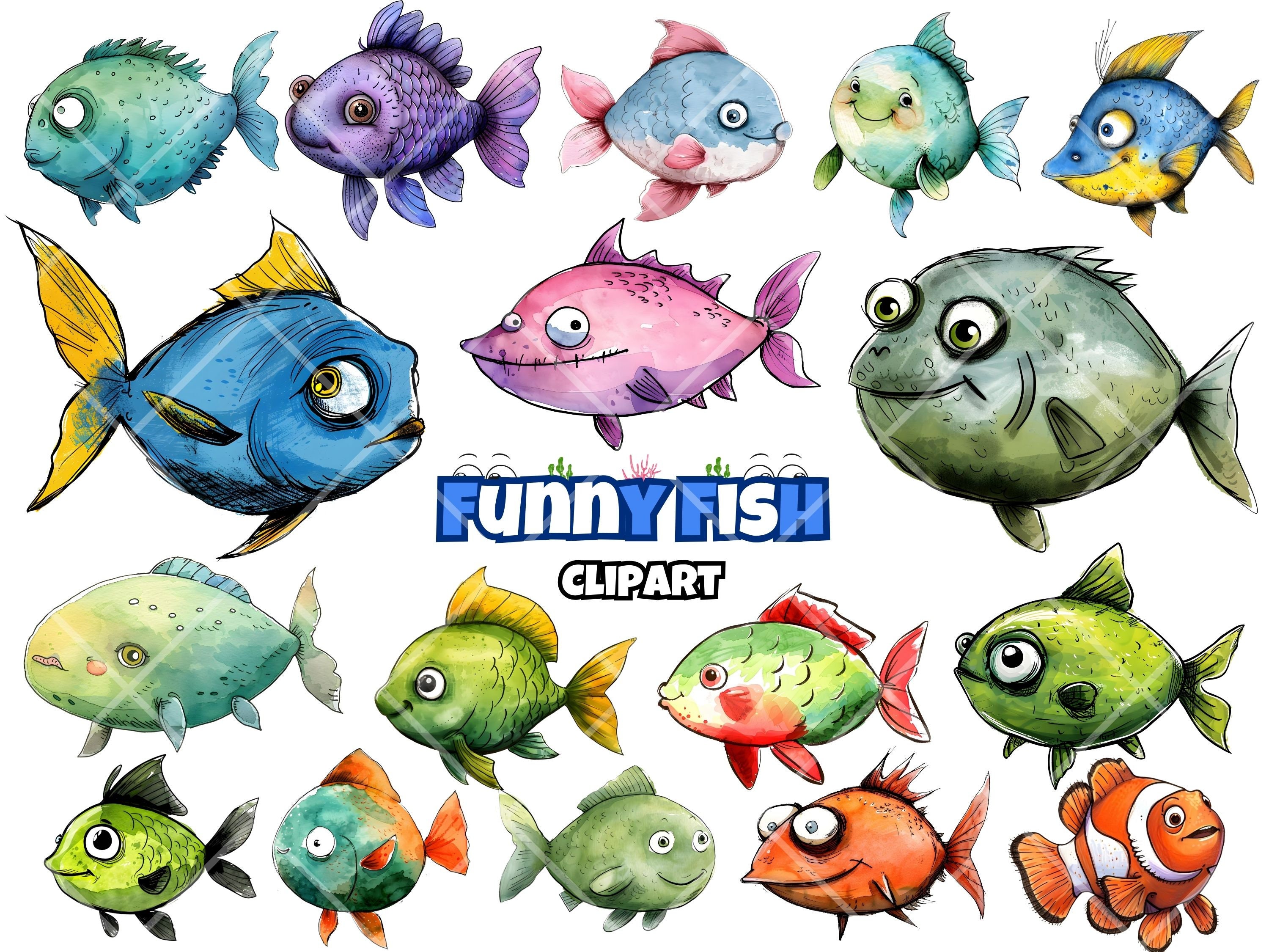 Funny Fish Clipart, Watercolor Under the Sea for Nursery & Baby Shower ...