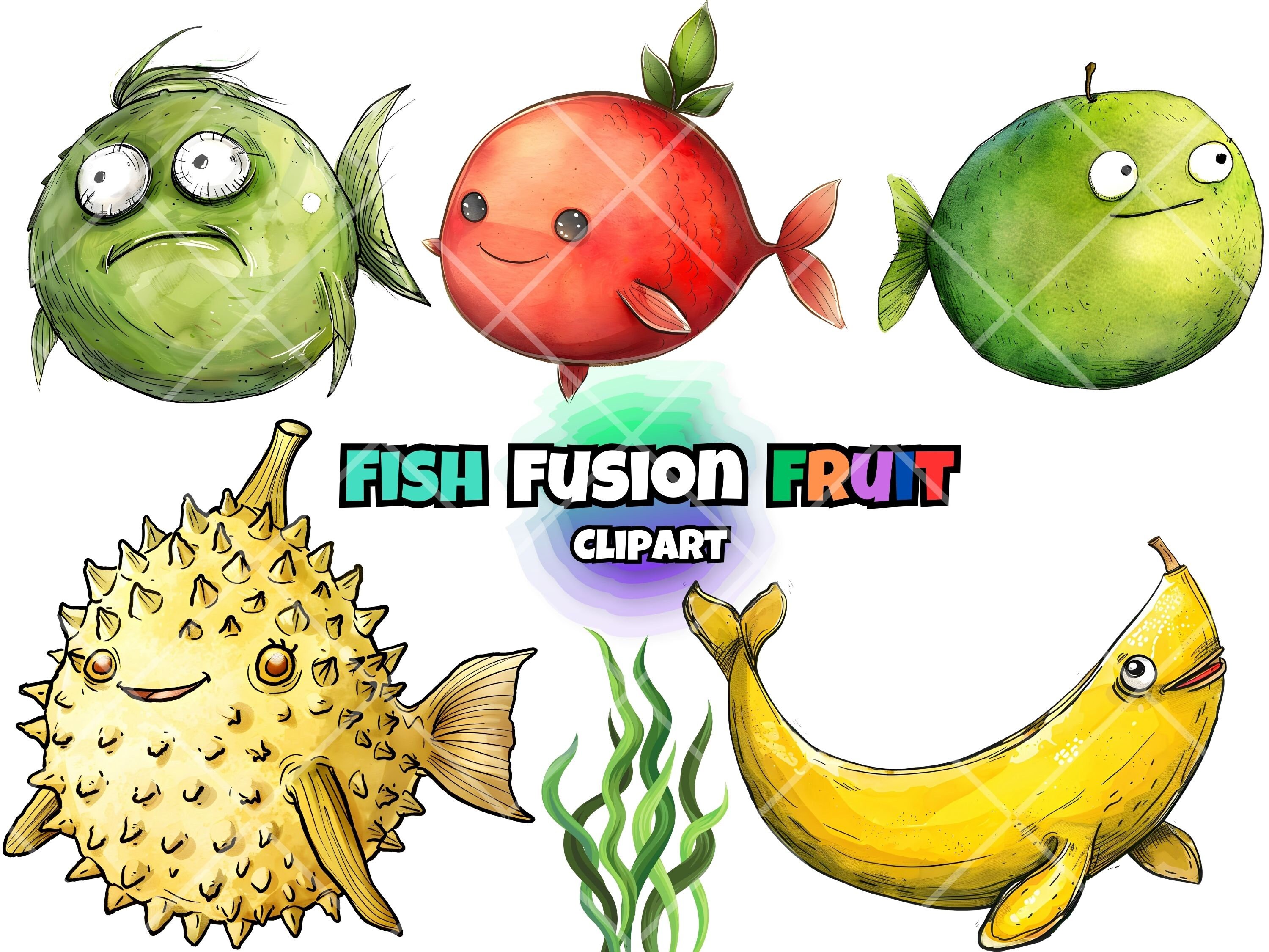 Funny Fish Clipart, Fish With Fruit PNG, Watercolor Ocean Animal for ...