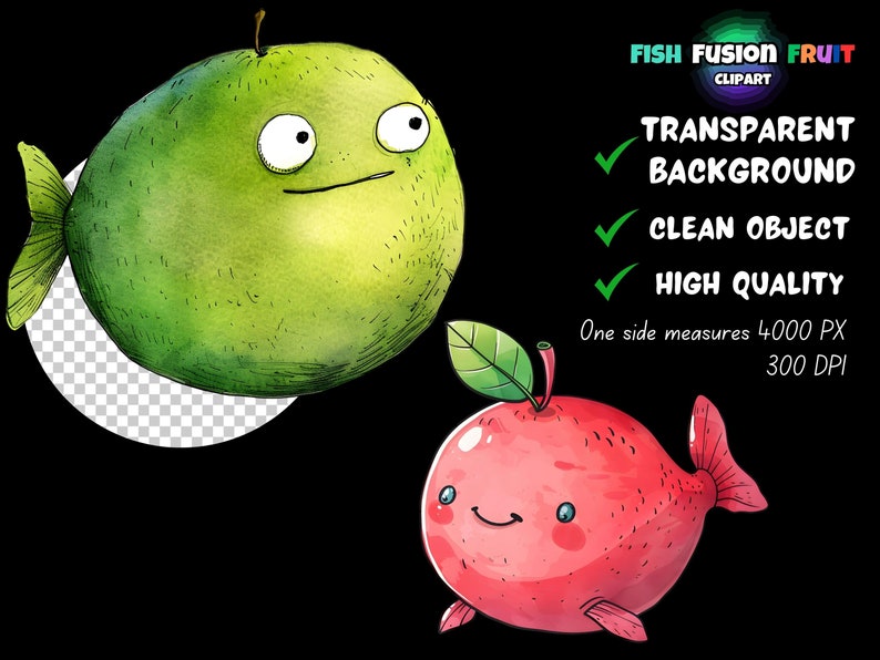 Funny Fish Clipart, Fish With Fruit PNG, Watercolor Ocean Animal for ...