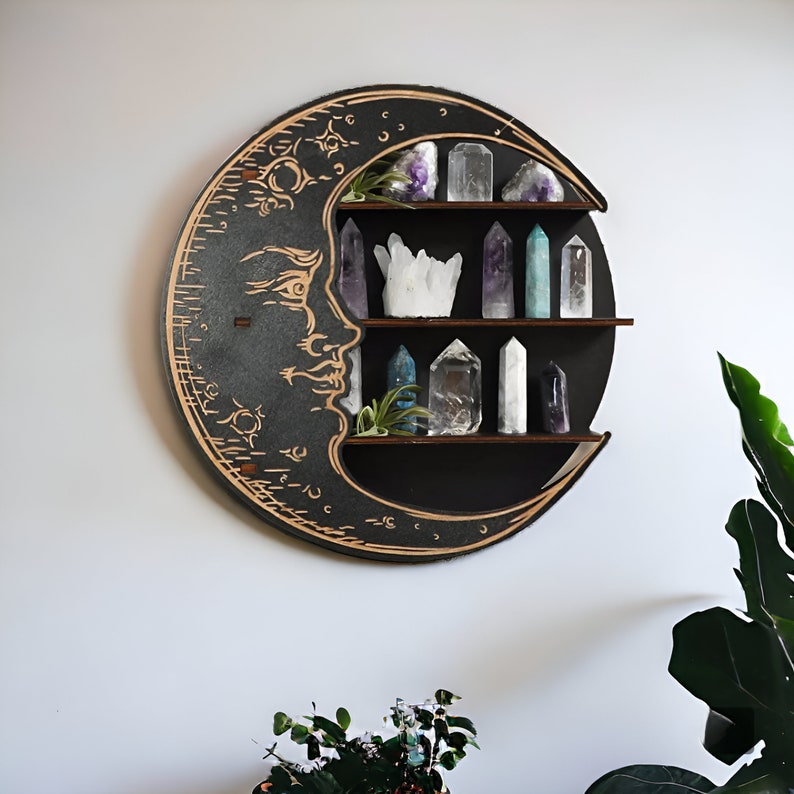 Moon Gothic Wooden Shelf Zodiac Crystal Shelf Storage Moon Phase ...