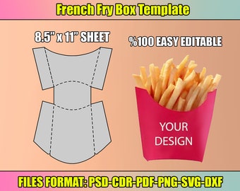 French Fry Box Template Svg, French Fry Packaging Template, Snack Box ...