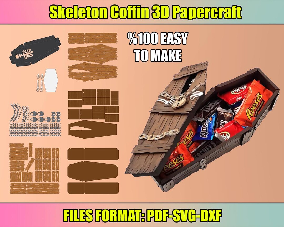 Skeleton Coffin 3D Papercraft, Halloween Coffin Template, Low Poly ...