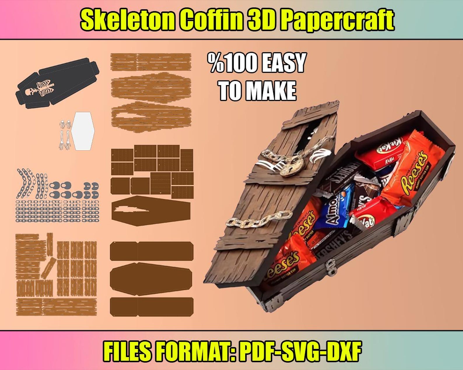 Skeleton Coffin 3D Papercraft, Halloween Coffin Template, Low Poly ...