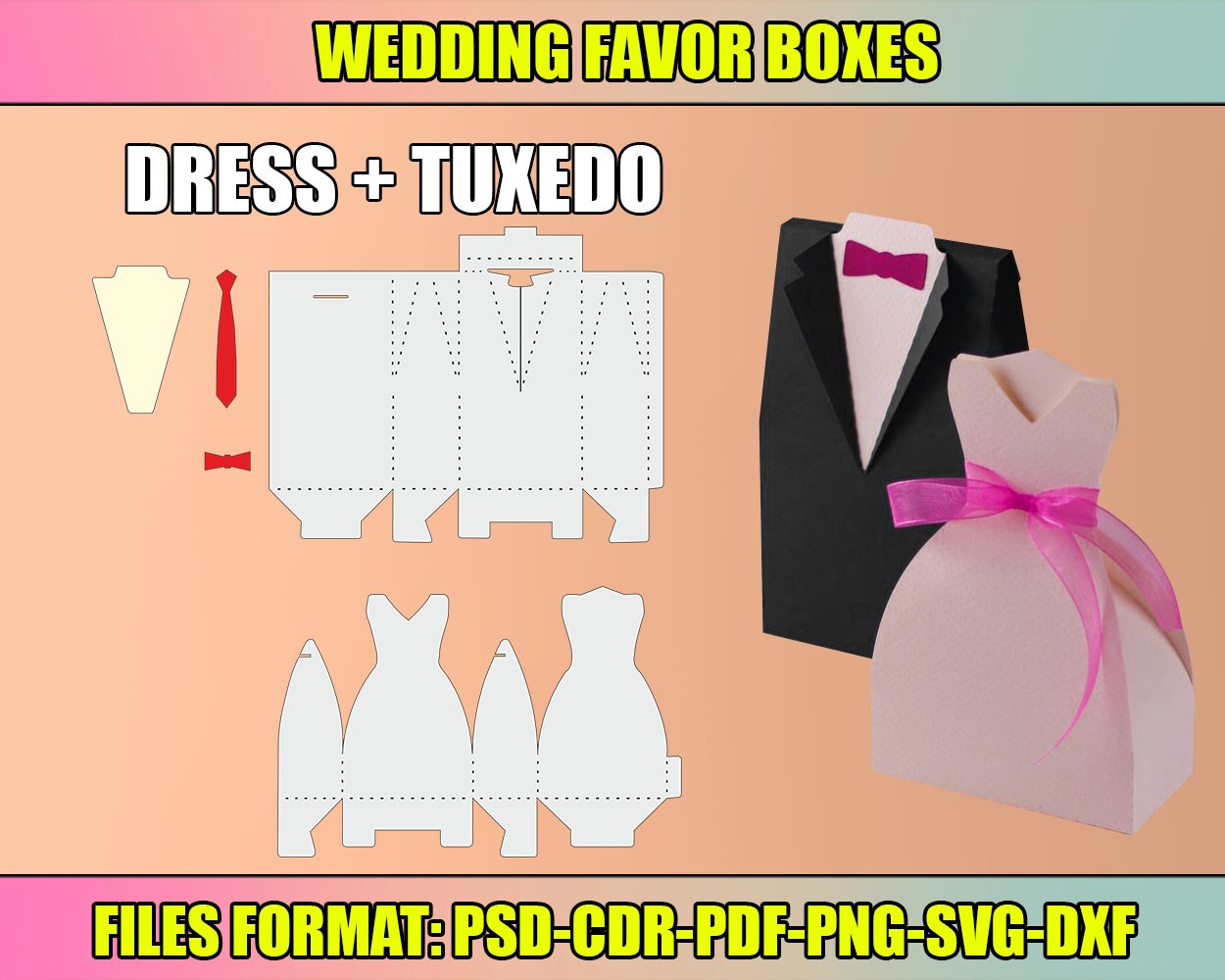 Wedding Favor Box Template Bundle, Tuxedo Box SVG Template, Dress Box ...