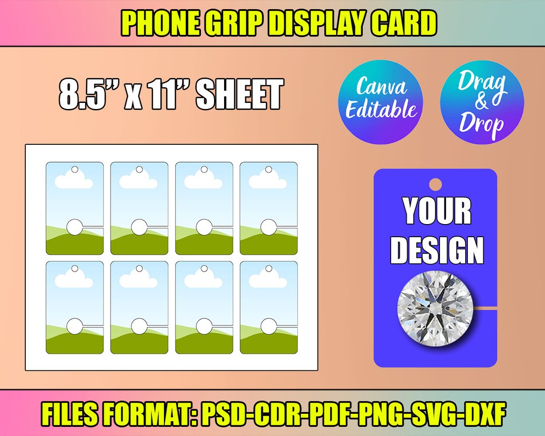 Phone Grip Display Card, Phone Grip Card Template, SVG, DXF, Canva ...