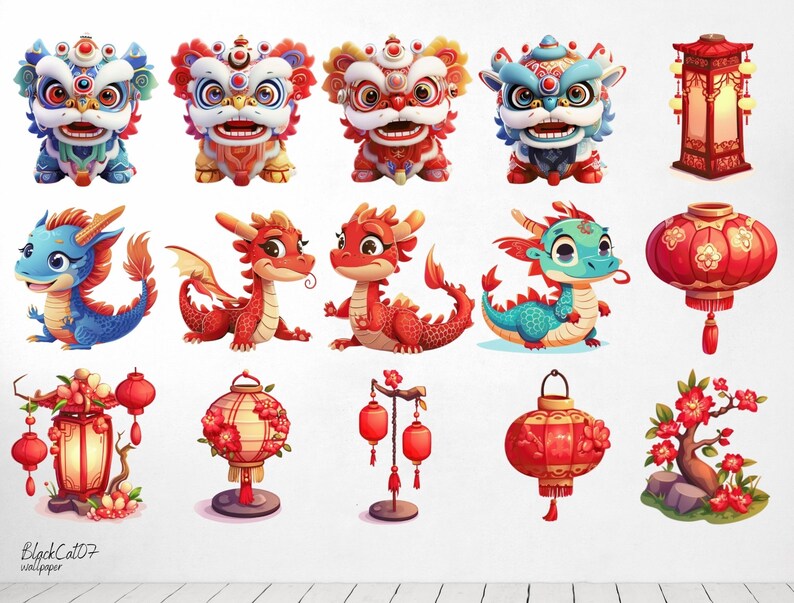 Cute Dragon Chinese New Year Clipart: Lion Dance, Lantern (PNG Digital ...