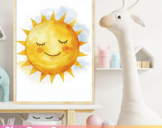 Watercolor Sun Poster, Sun Playroom Decor, Watercolour Nursery Prints ...
