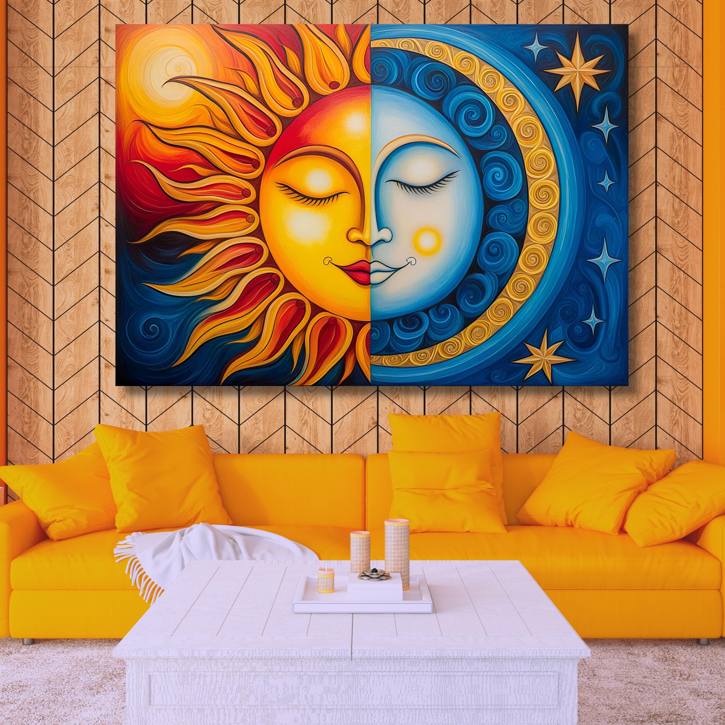 Sun and Moon Canvas Wall Art, Moon Sun Collaboration Canvas Sun Moon ...