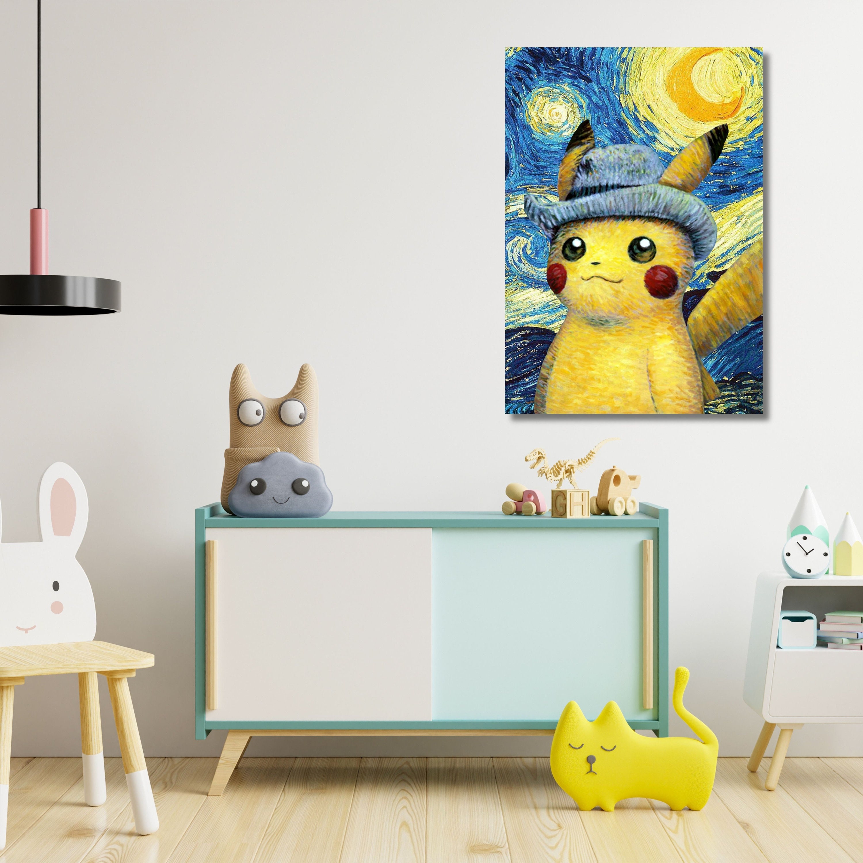 Pikachu Van Gogh Canvas Wall Art Pikachu Starry Night,pikachu Bros Canvas Art Pikachu Home Decor ...