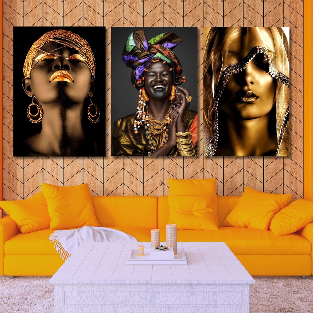 Set of 3 African Woman Canvas Wall Art Woman Canvas Print African Woman Painting With Silver ...