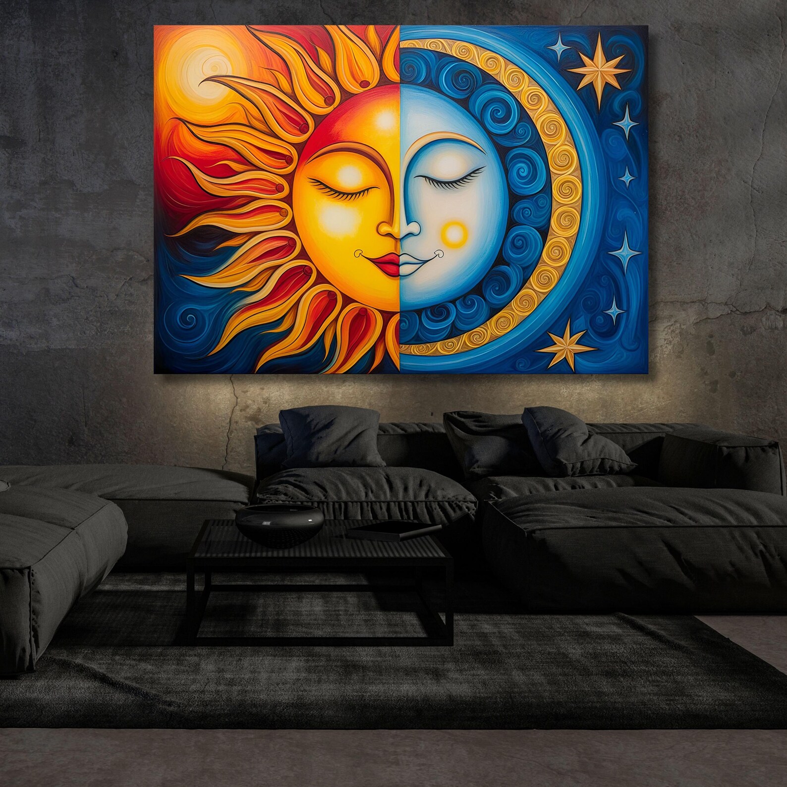 Sun and Moon Canvas Wall Art, Moon Sun Collaboration Canvas Sun Moon ...