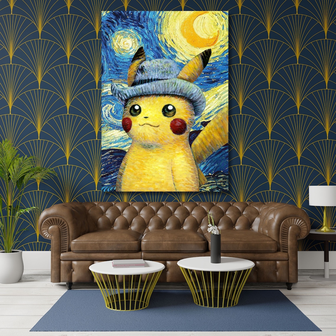 Pikachu Van Gogh Canvas Wall Art Pikachu Starry Night,pikachu Bros ...
