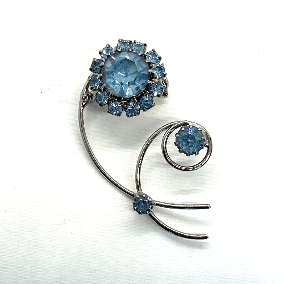 Vintage, Blue Rhinestone, Flower Brooch, Silver Tone, Blue Prong Set ...
