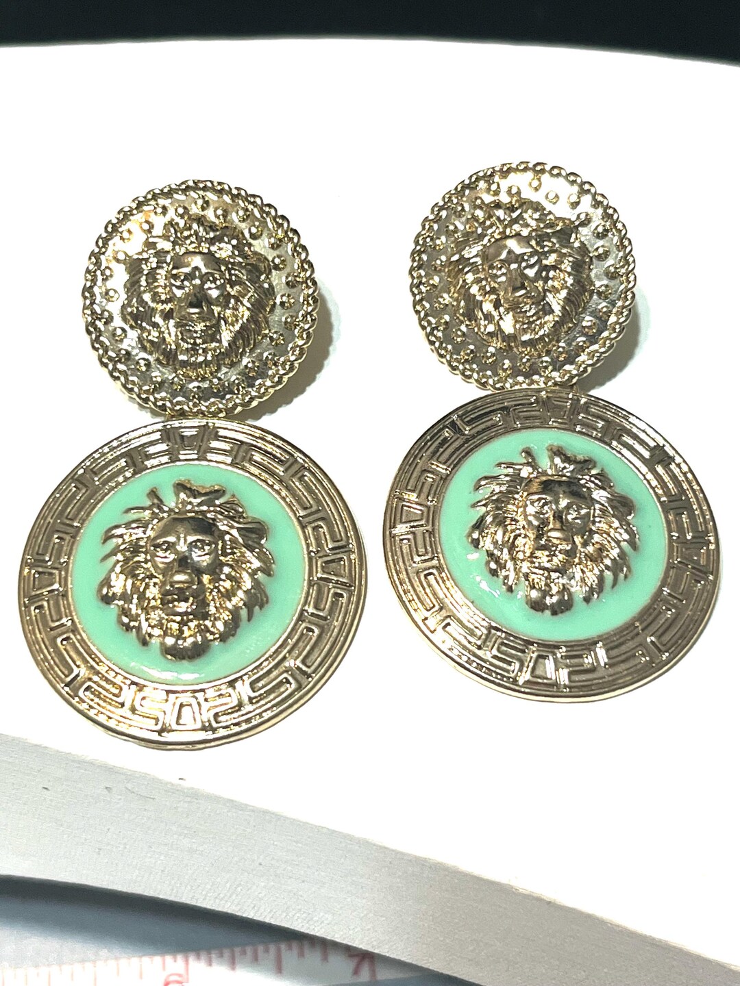 Vintage 1990s Lion Head Aqua Green Enameled 3D Greek Key Disc Gold Tone ...