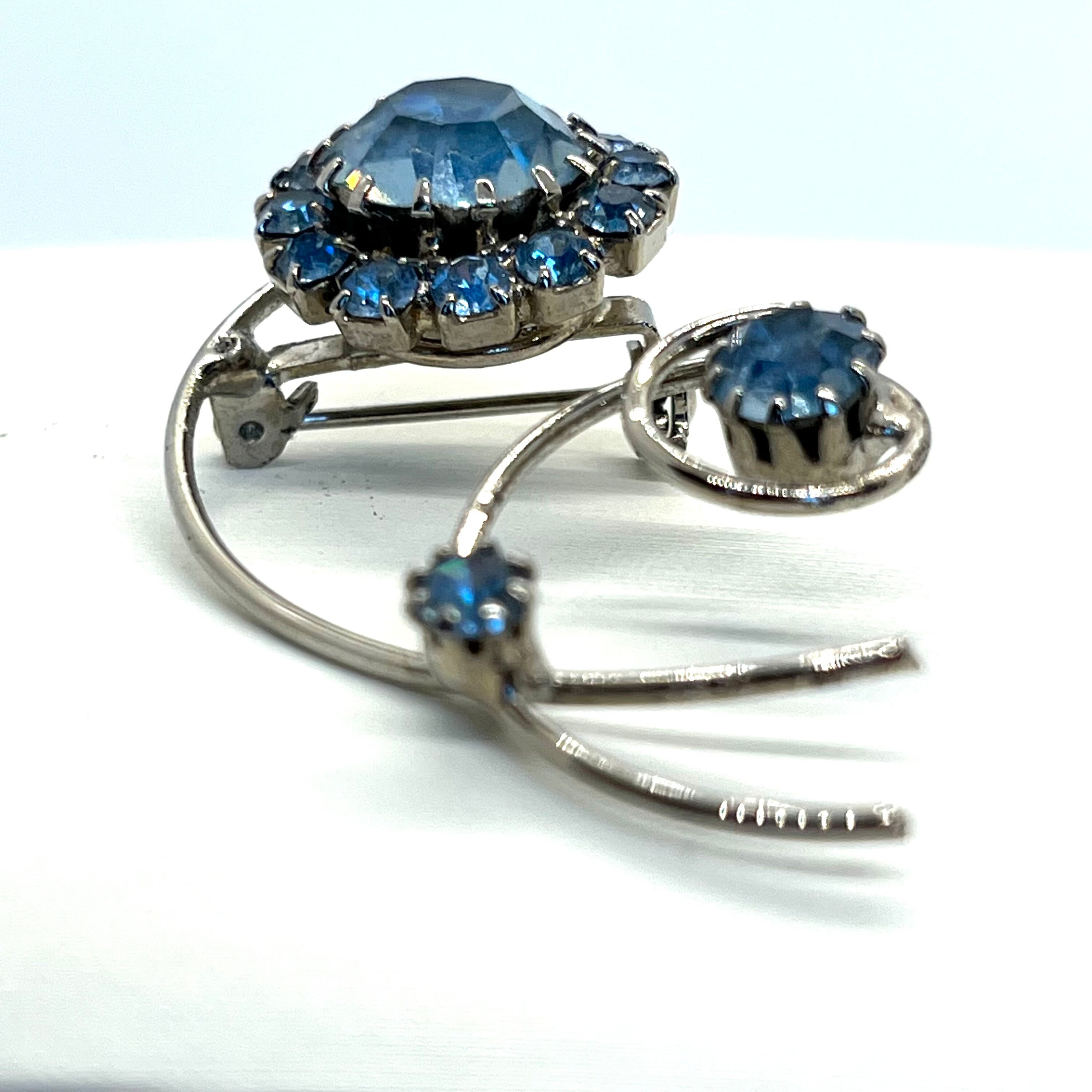 Vintage, Blue Rhinestone, Flower Brooch, Silver Tone, Blue Prong Set ...
