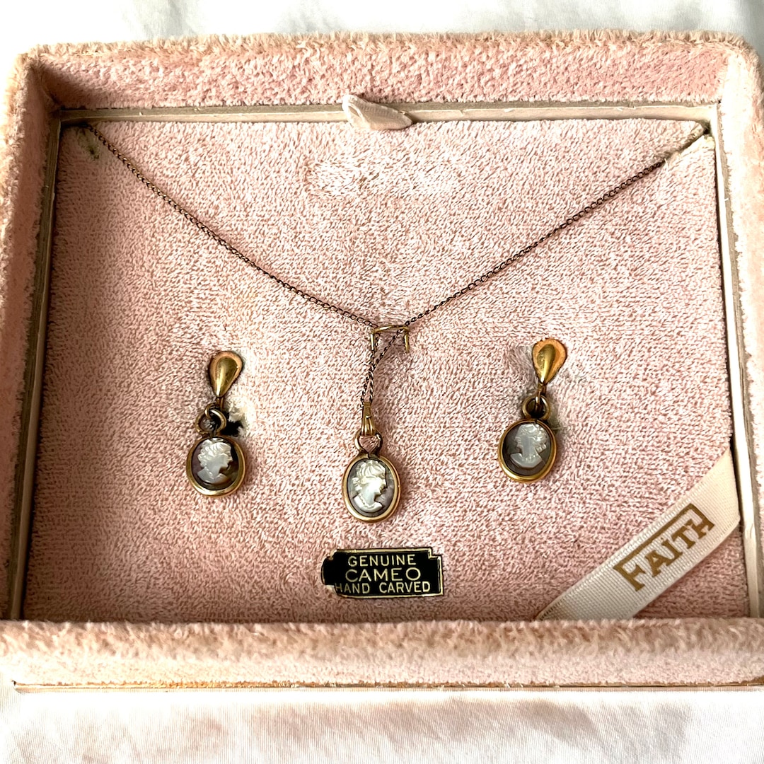 Vintage, IOB, Demi Parure, Hand Carved Abalone/mop, Cameo, 1/20 12k ...