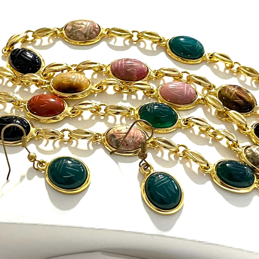 Long Vintage Scarab Necklace With Semi Precious Stones Green Jade ...