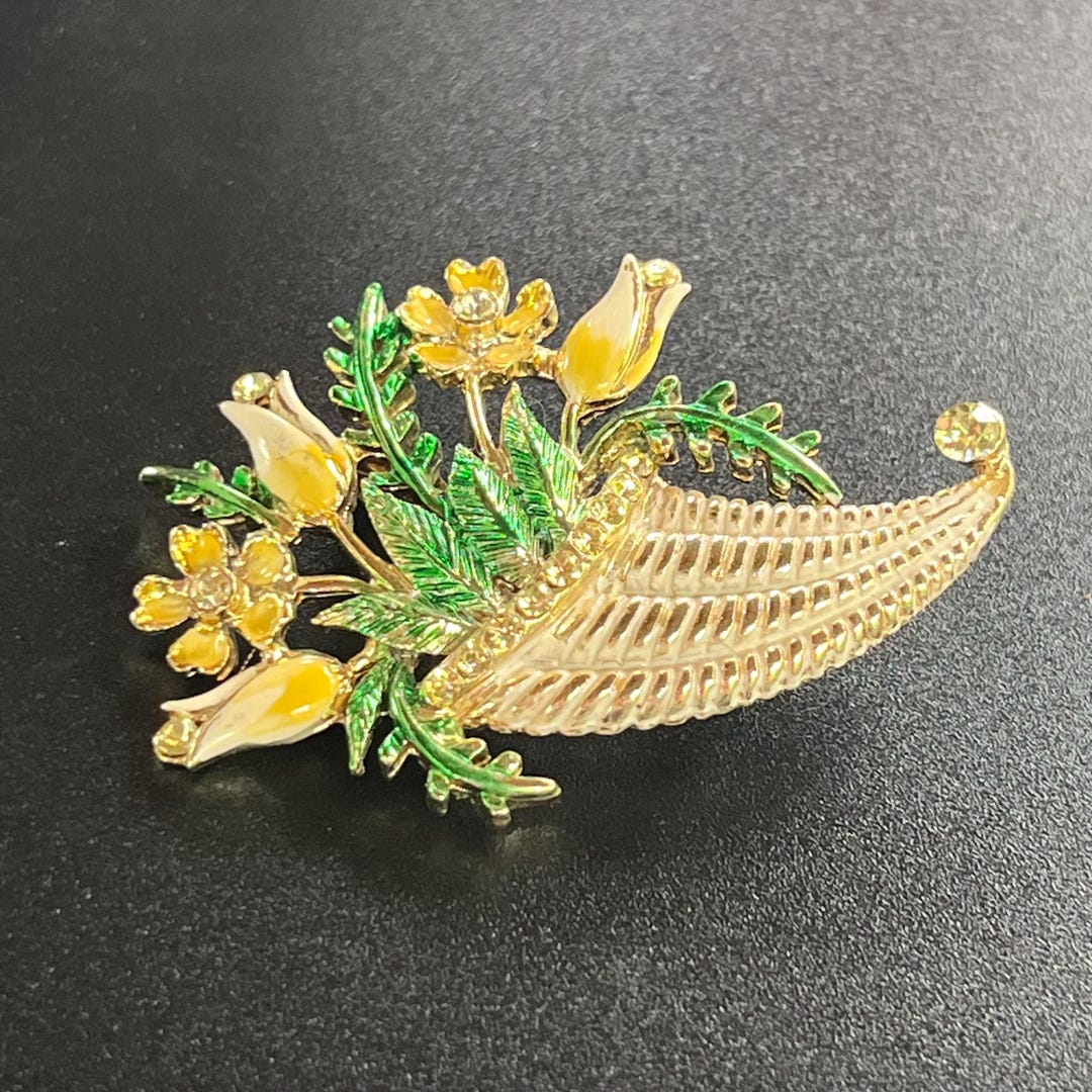 Vintage, Beatrix Signed, Floral Bouquet, Cornucopia, Gold Tone, Yellow ...