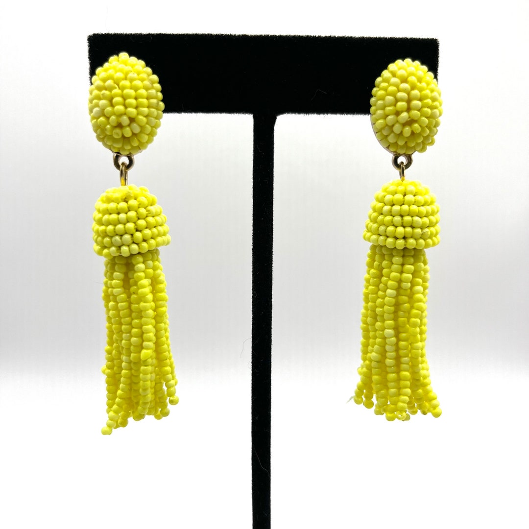 Lemon Yellow, Seed Bead, Drop Tassel Earrings,oscar De Al Renta Style ...
