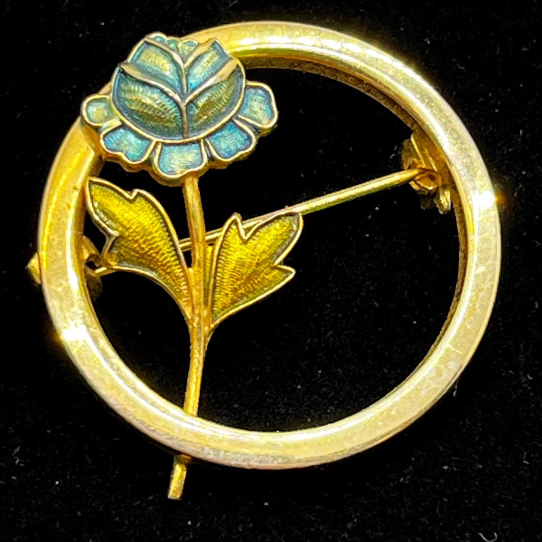 Vintage Gold Tone Repousse Circle Blue Green Enamel Flower Brooch Pin ...