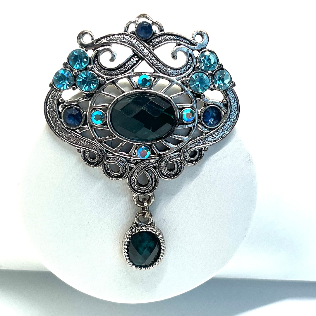 Vintage, Art Deco, Rhinestone, Oval, Bar, Dangle Brooch, Dark Teal ...