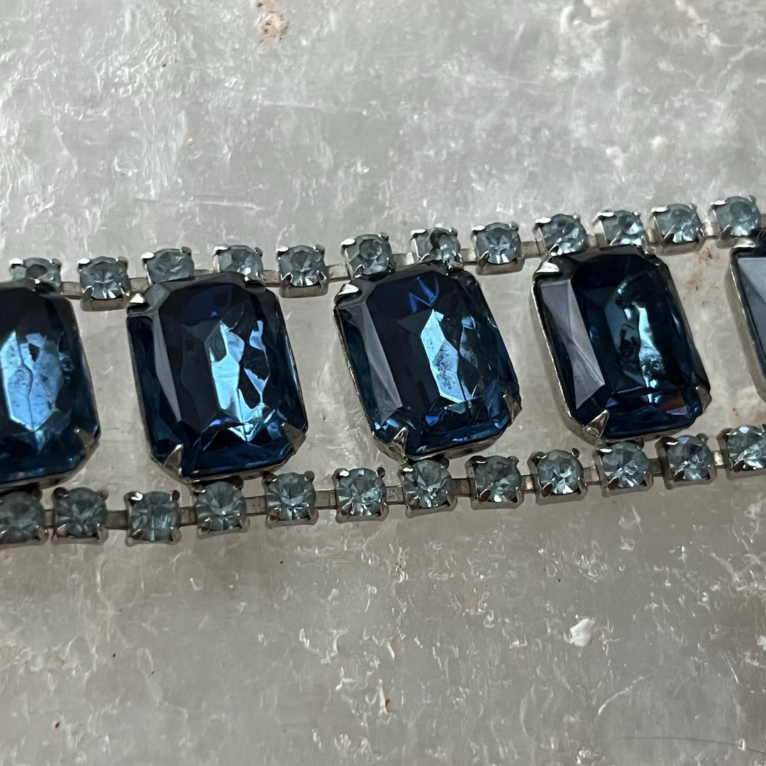 Vintage, Large, Royal Blue, Baby Blue, Rhinestones, Silver Tone, Square ...