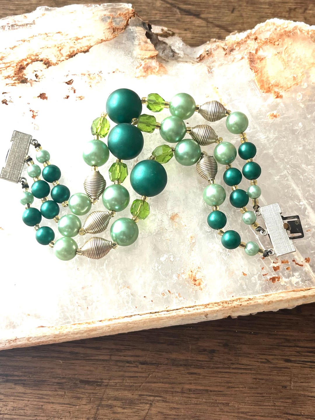 Vintage, 3 Strand, Shades of Green, Silver Tone Accents, Graduated ...