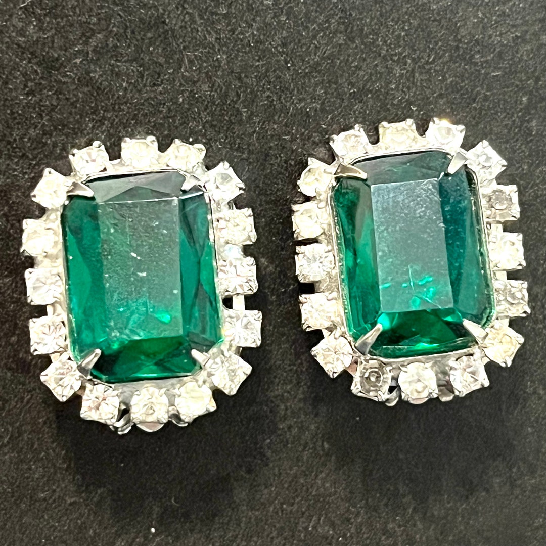 Vintage, Emerald Cut, Faux Emerald and Rhinestone Clip on Earrings ...