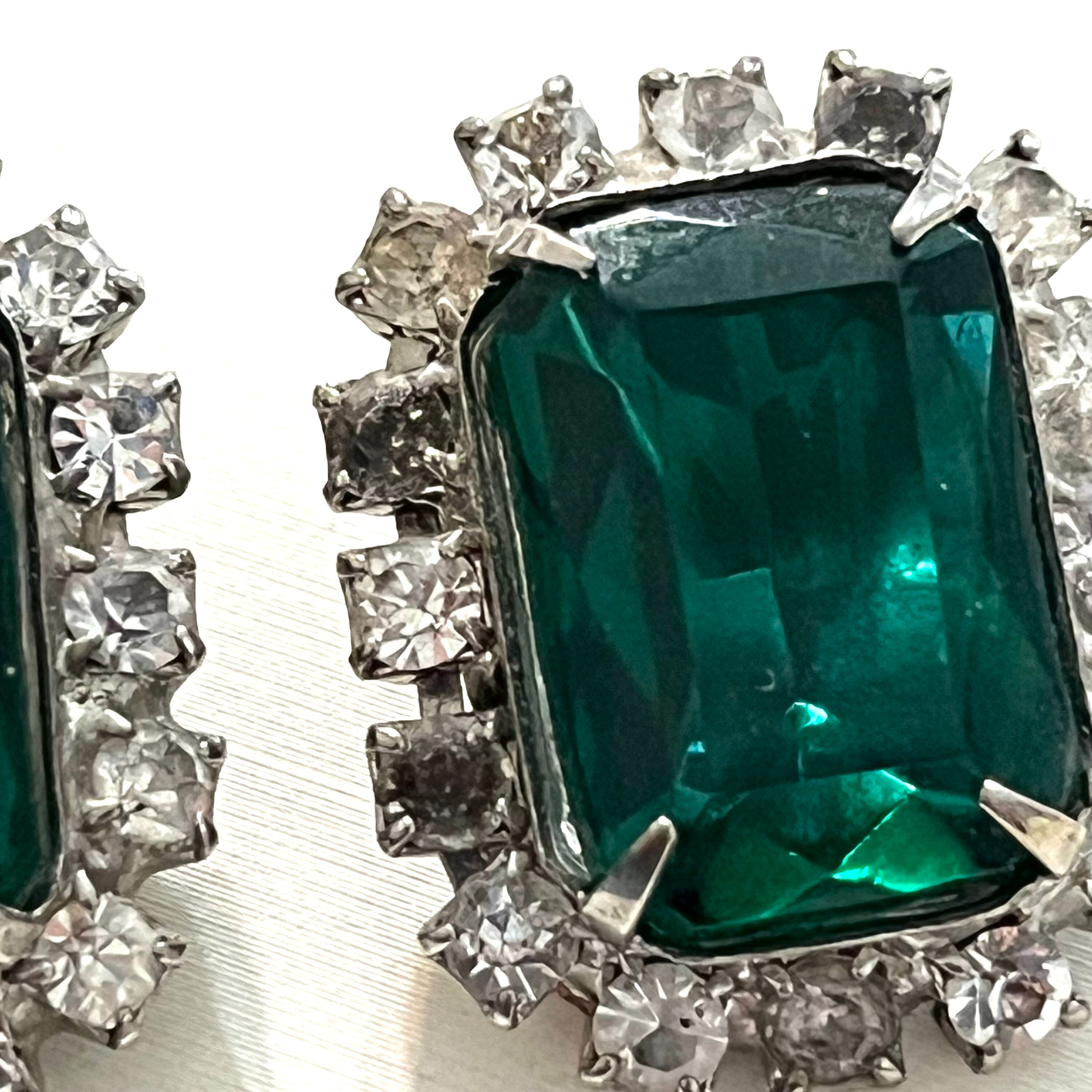 Vintage, Emerald Cut, Faux Emerald and Rhinestone Clip on Earrings ...