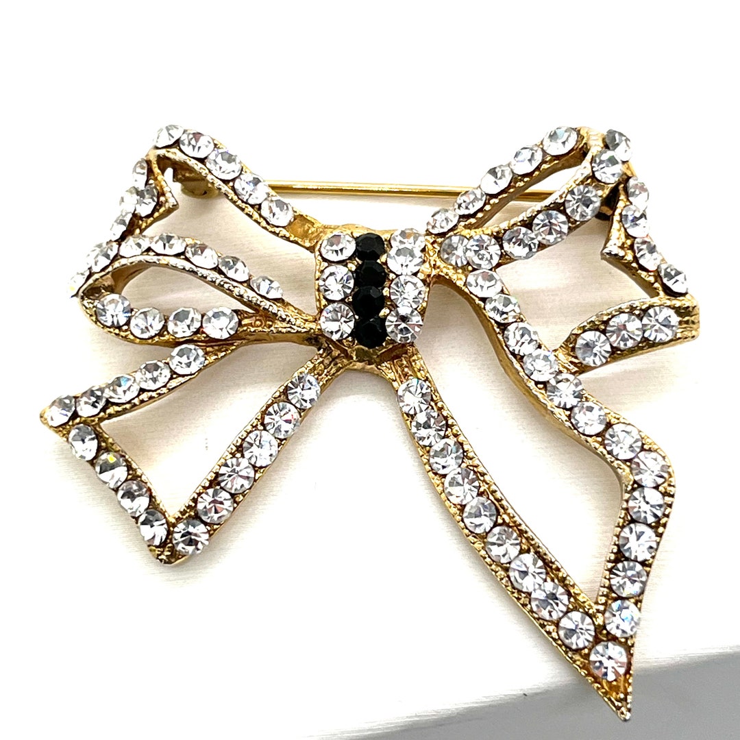 Vintage Clear and Black Rhinestone Bow Brooch. Bow is Outlined in Gold ...