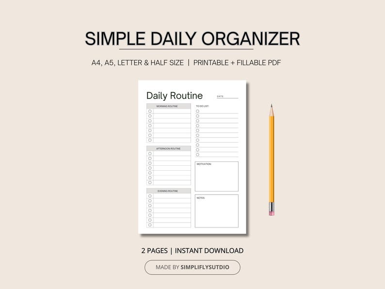Daily Routine Planner, Printable & Fillable PDF, Minimalist Layout, A4 ...
